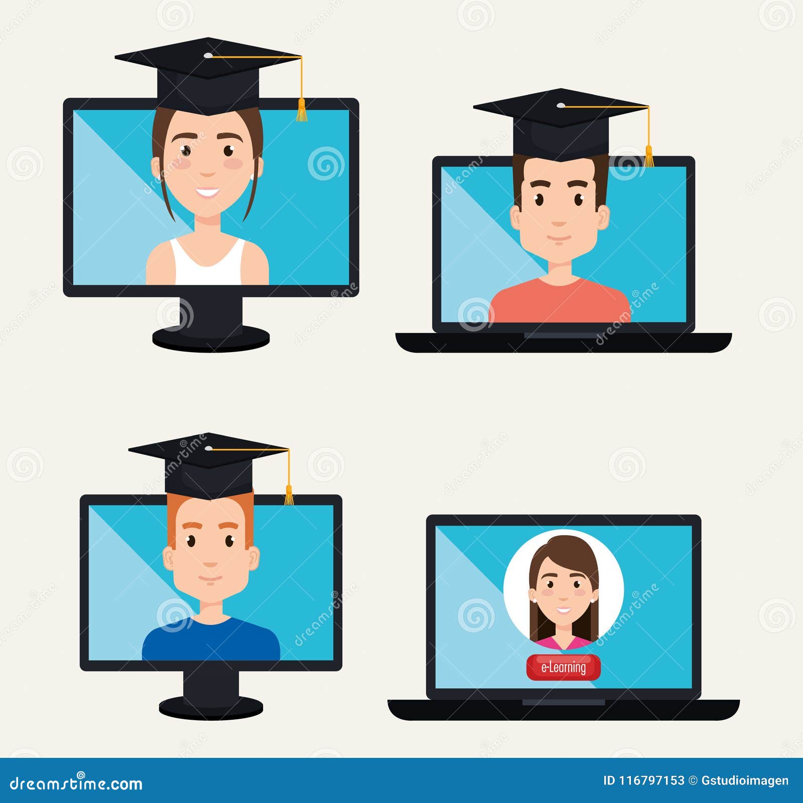 Young Students With Electronic Learning Cartoon Vector | CartoonDealer ...