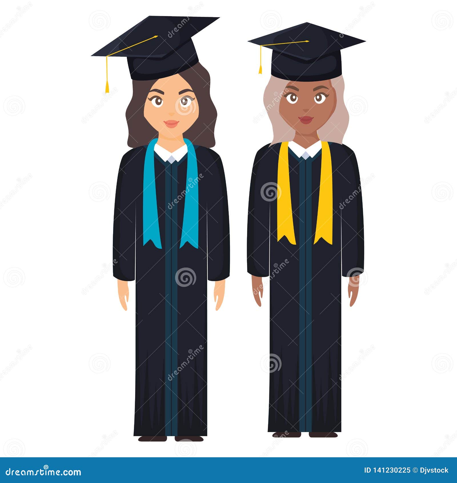 Young Students Graduated Girls Diversity Characters Stock Vector ...