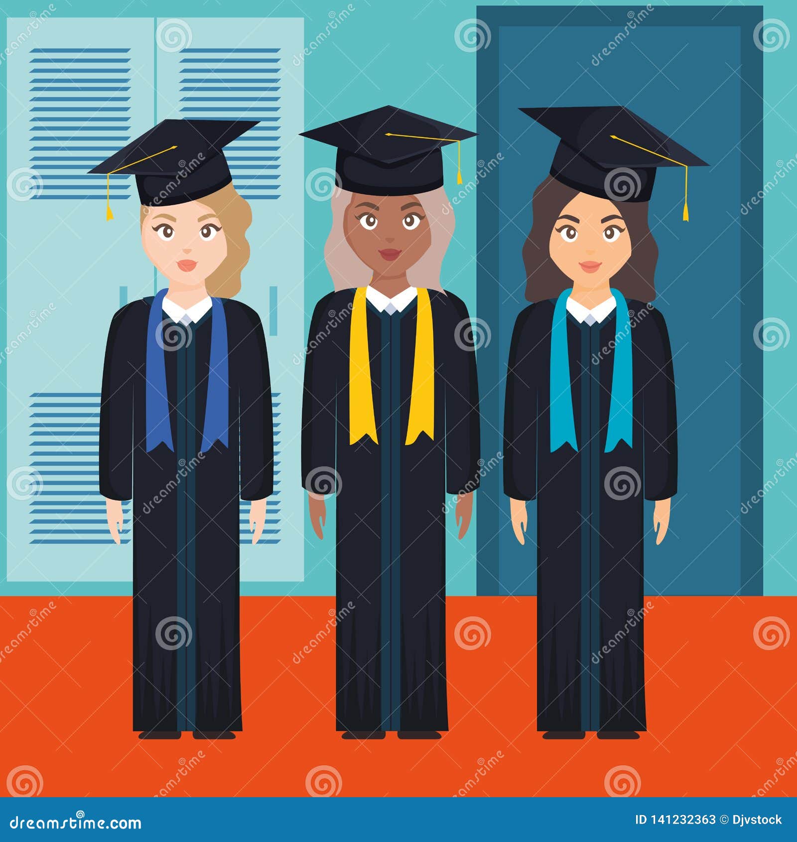 Young Students Graduated Girls Diversity Characters Stock Vector ...