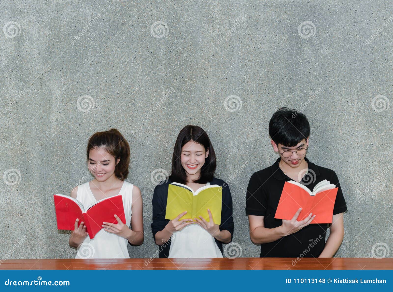 Young Students Group Smile Reading Book Stock Photo - Image of high ...