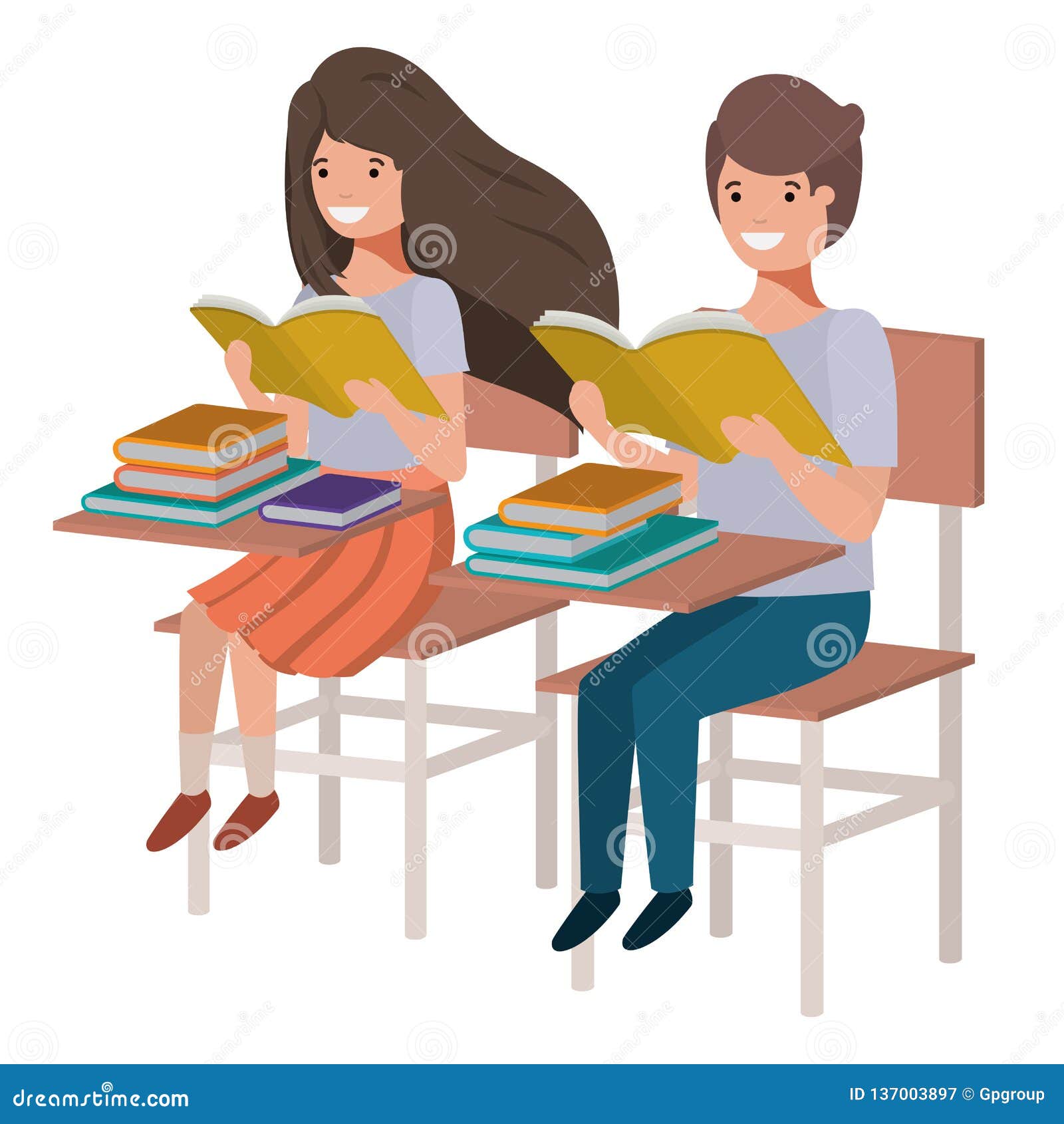 Young Students Reading in School Desk Stock Vector - Illustration of ...