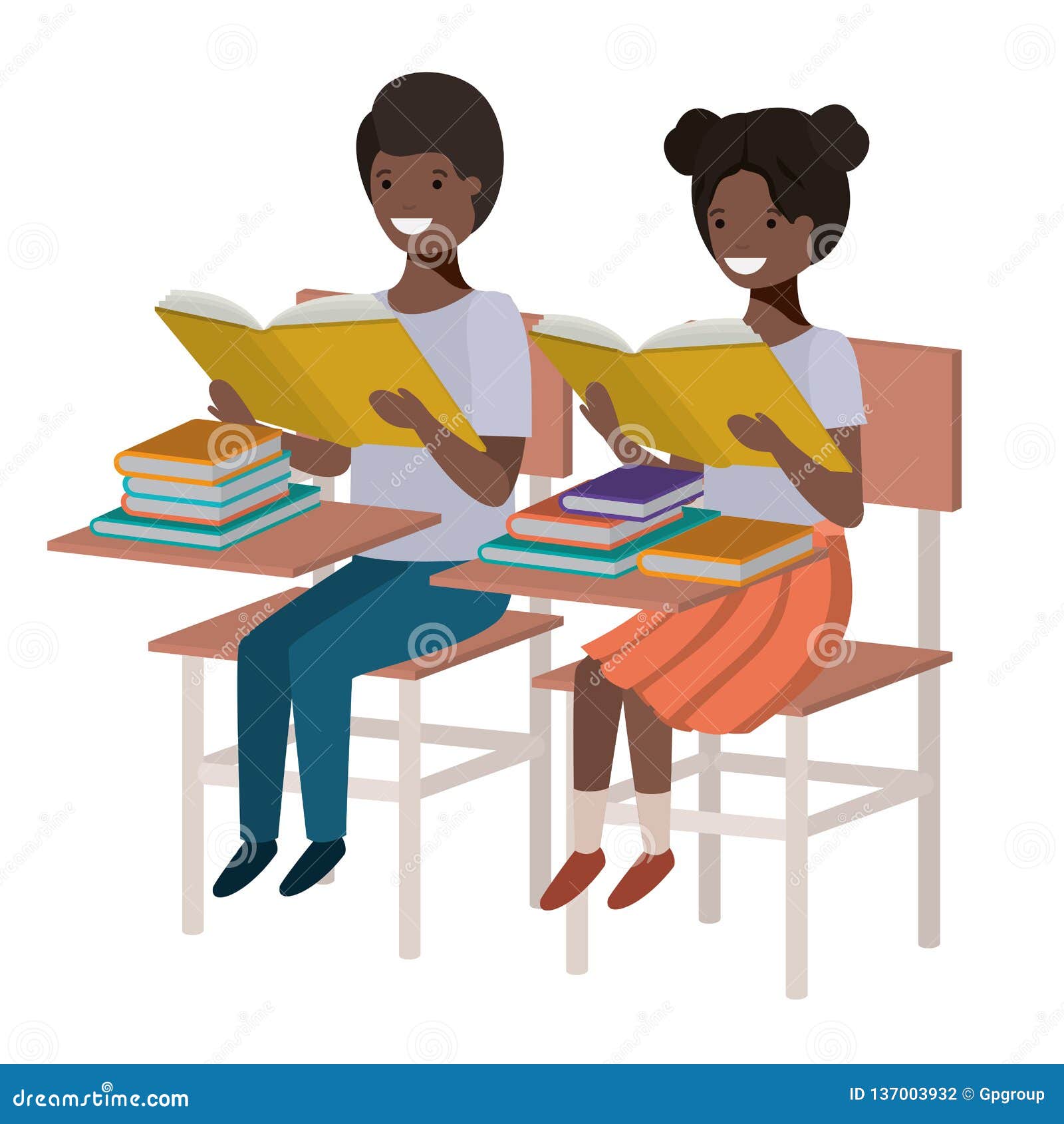 Young Students Reading in School Desk Stock Vector - Illustration of ...