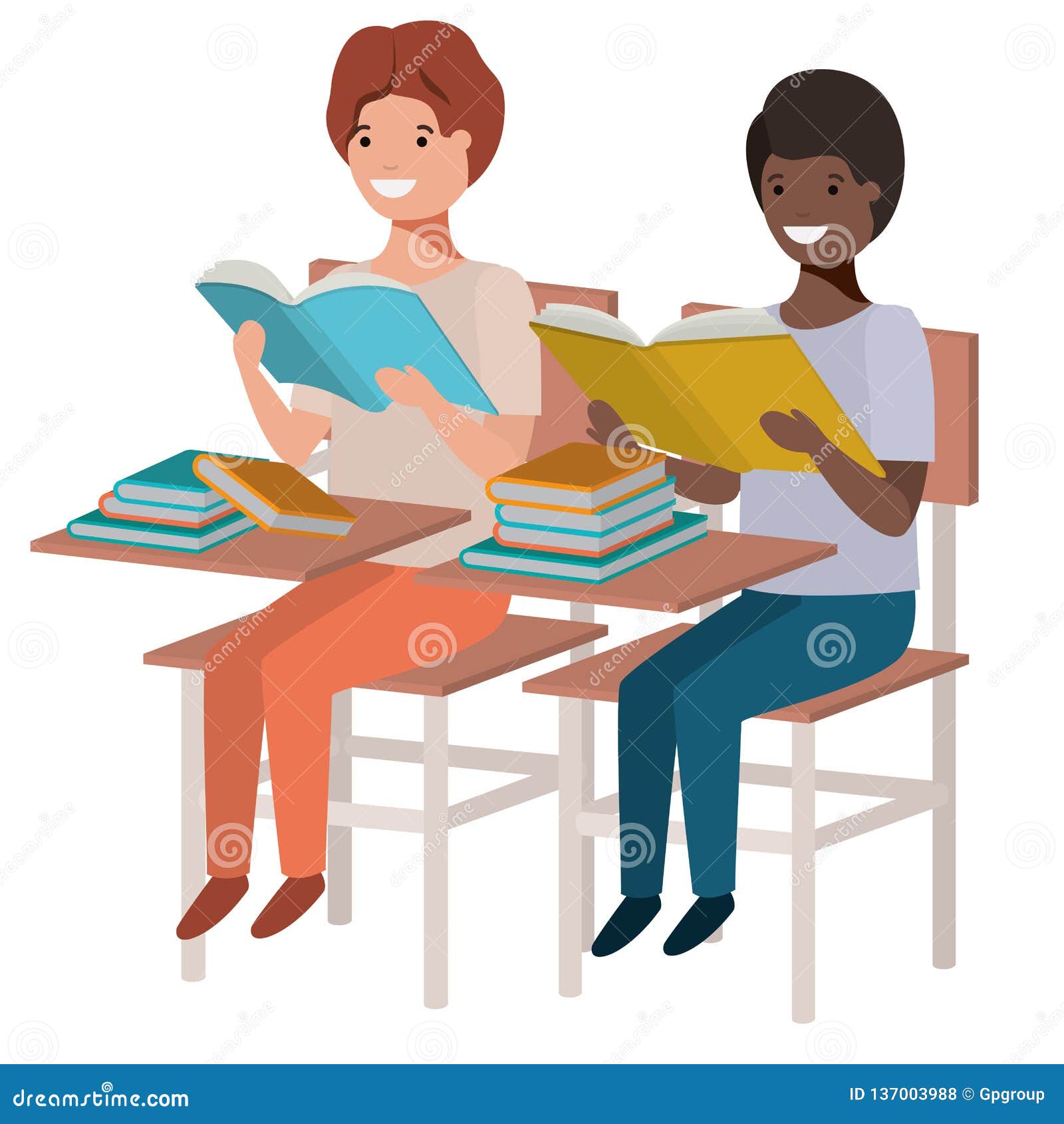 Young Students Reading in School Desk Stock Vector - Illustration of ...