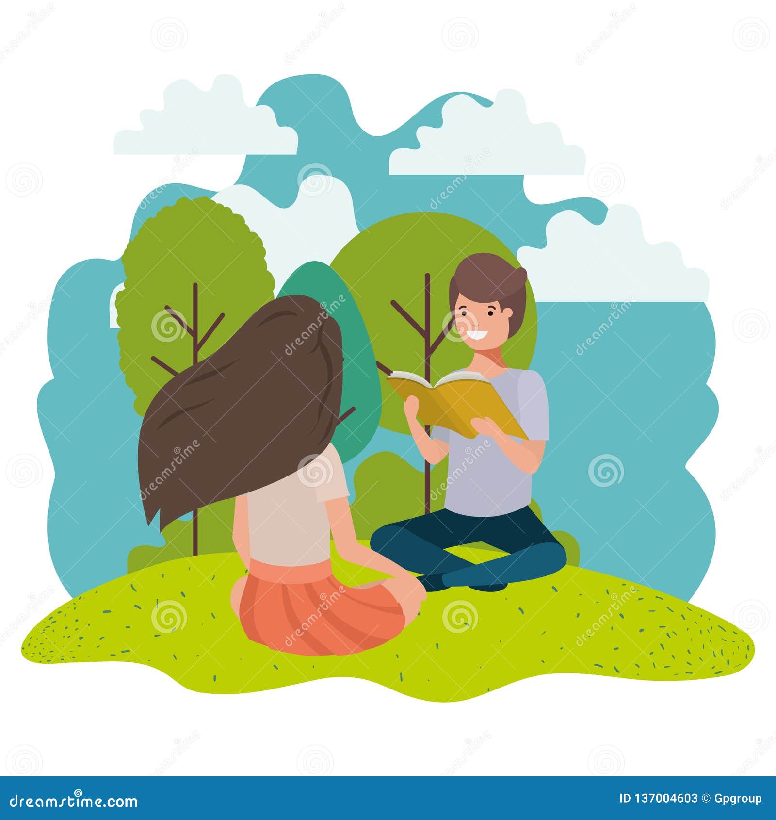 Young Students Sitting Reading Book Stock Vector - Illustration of boys ...