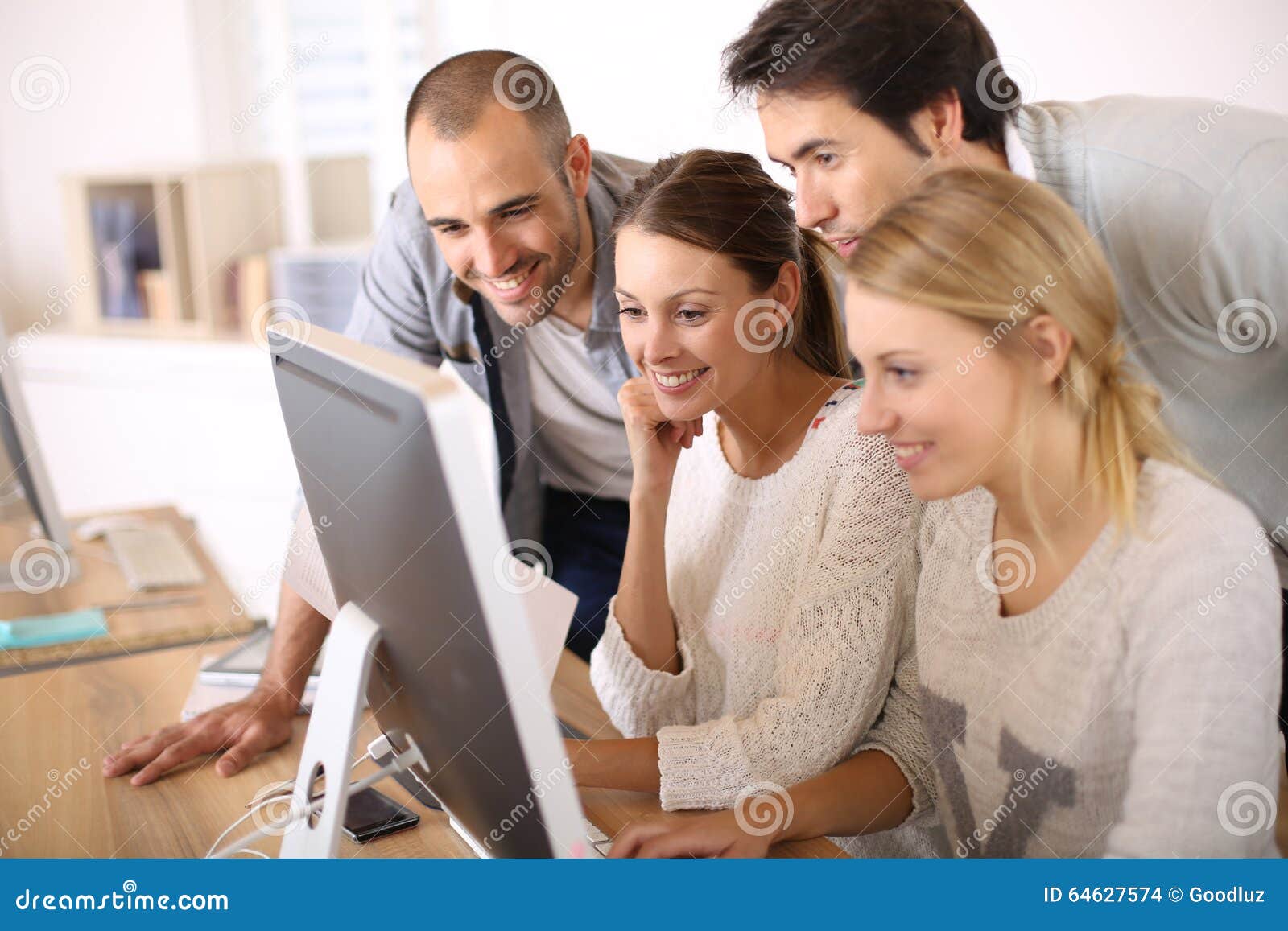 Young Students Working on Desktop Computer Stock Photo - Image of happy ...