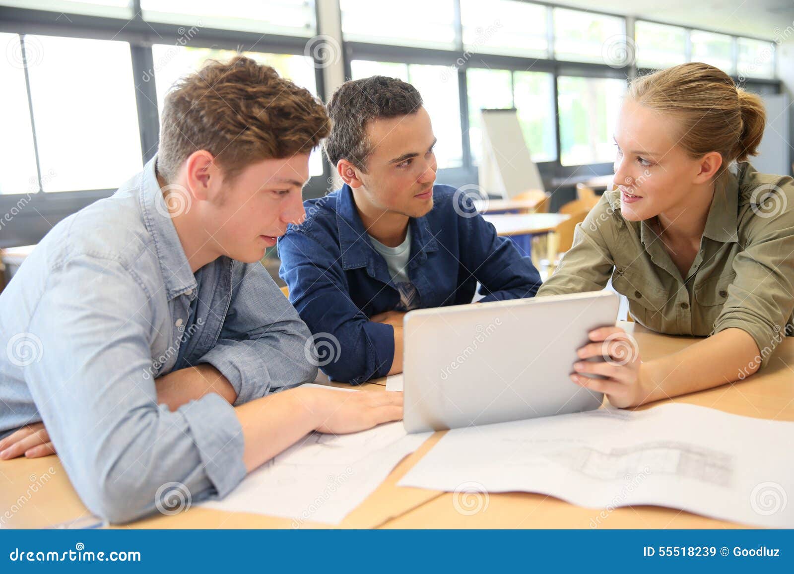 Young Students Working on Digital Tablet at School Stock Image - Image ...
