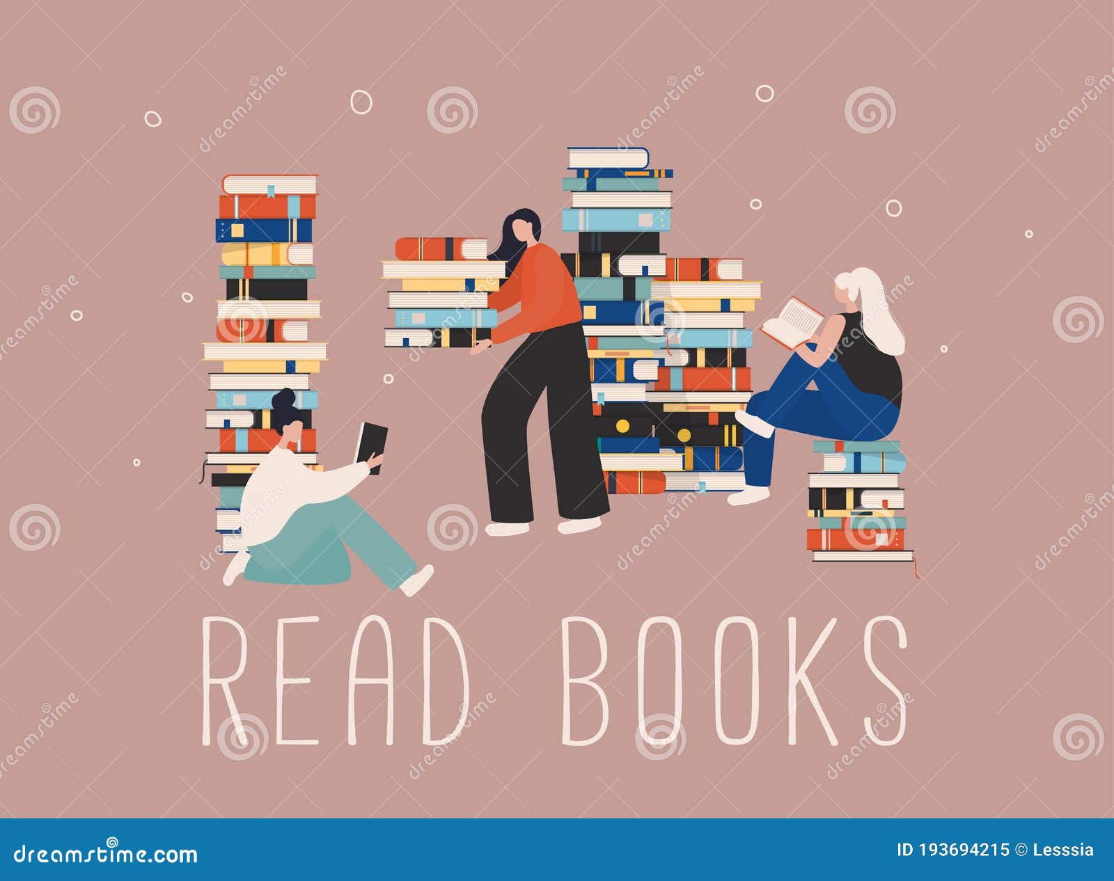 Young Stylish Female Readers Sitting on Stack of Giant Books or beside ...