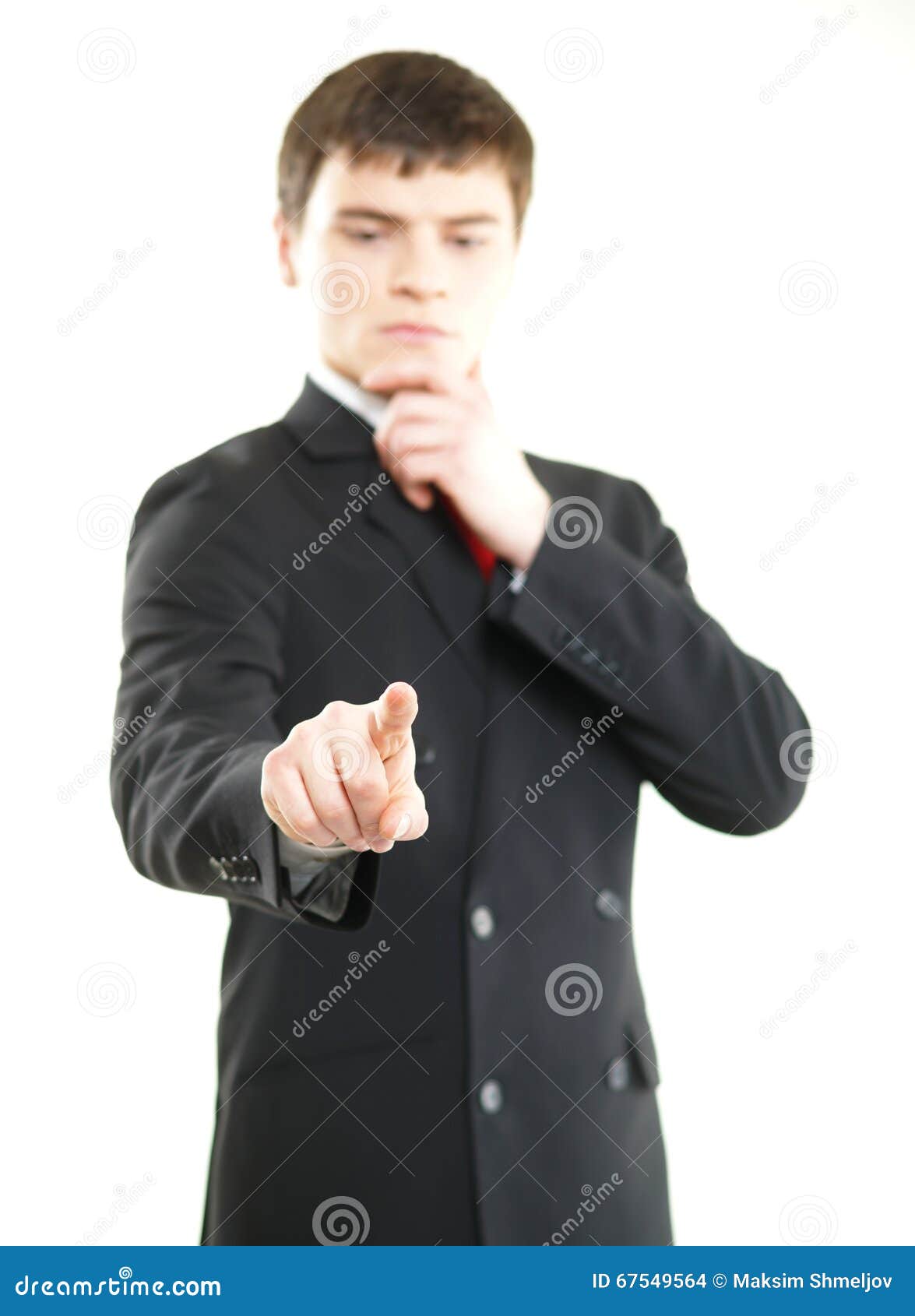 Young Successful Business Man Pressing Imaginary Button Stock Photo ...