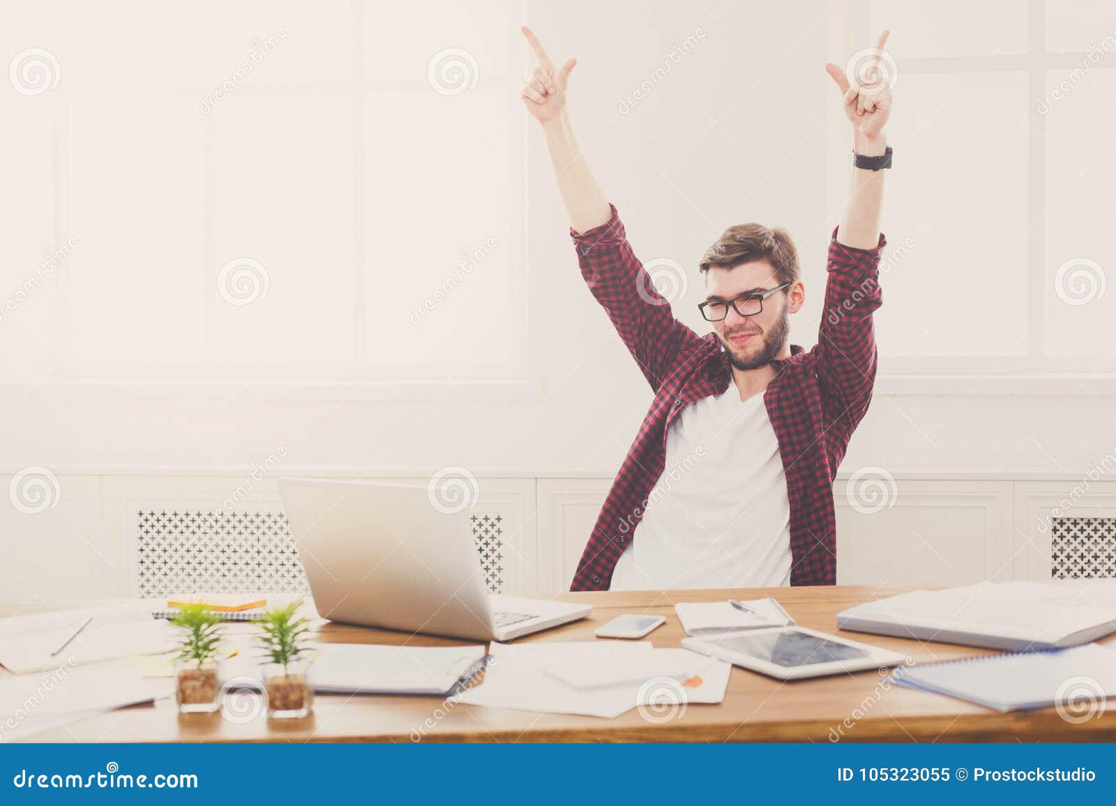 Young Successful Businessman Celebrate in Office with Computer Stock ...