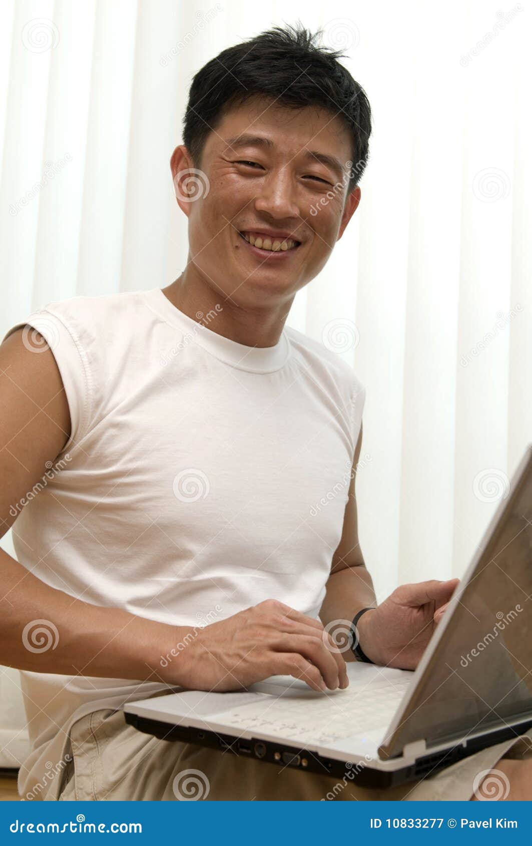 The Young Successful Man with the Computer Sits Stock Image - Image of ...
