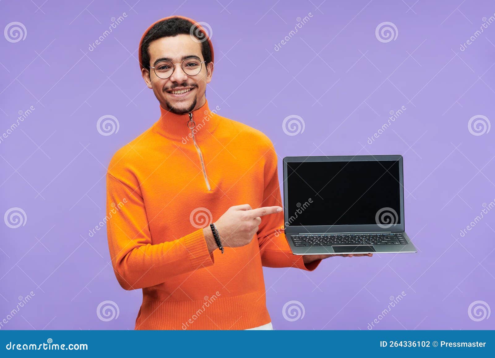 Young Successful Programmer Pointing at Blank Screen of Laptop Stock ...