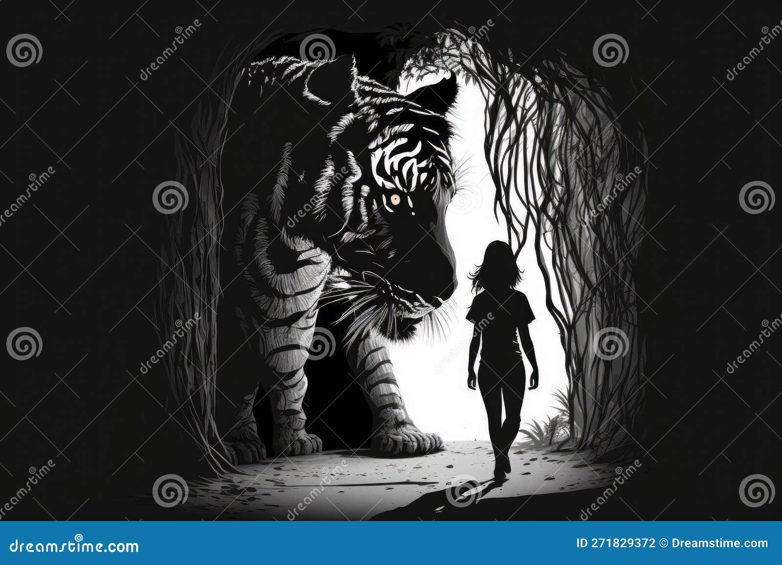 A Young Sumatran Tiger Emerges from the Shadows Stock Illustration ...