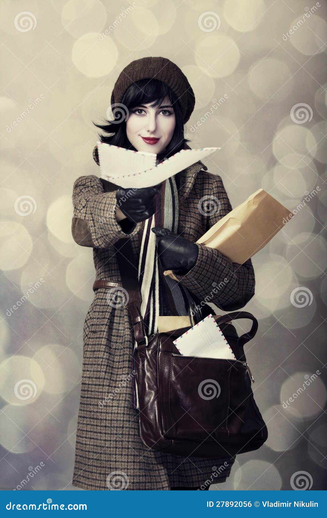 Young Surprised Postman Girl with Mail. Stock Photo - Image of hand ...