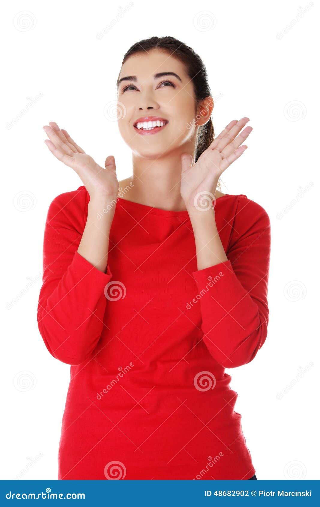 Young Surprised Woman Looking Up Stock Photo - Image of human, hands ...