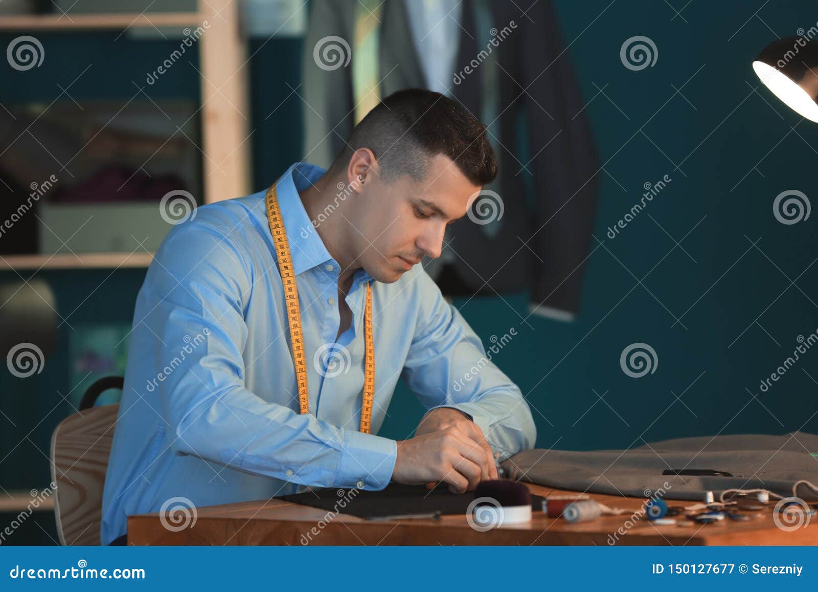 Young Tailor Marking Fabric with Chalk in Atelier Stock Image - Image ...