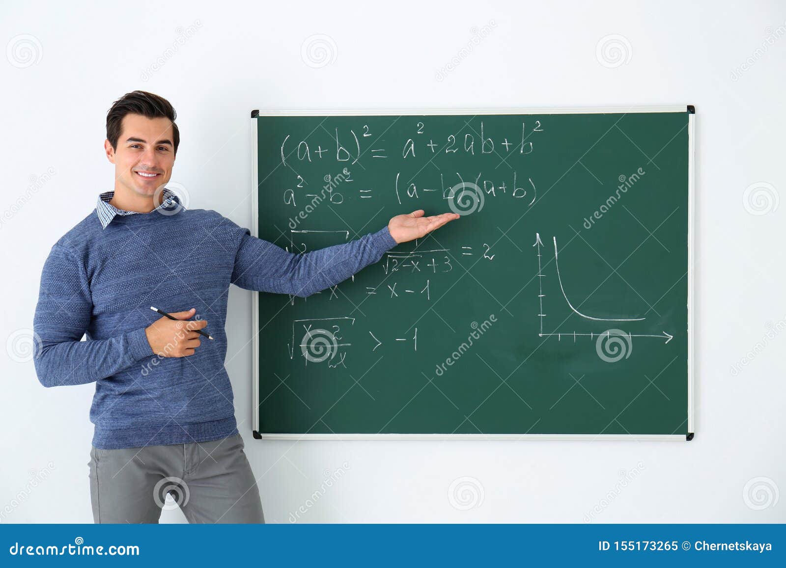 Young Teacher Explaining Math Formulas Written on Chalkboard Stock ...