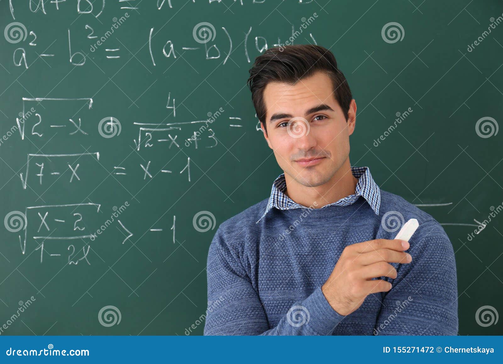 Young Teacher Near Chalkboard with Math Stock Photo - Image of ...
