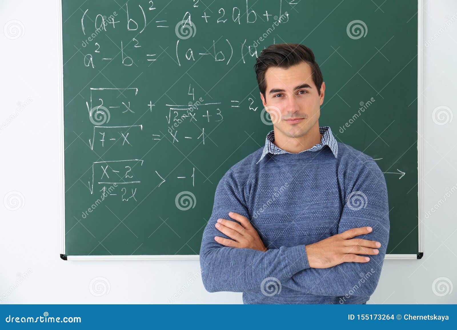 Young Teacher Near Chalkboard with Math Formulas Stock Photo - Image of ...