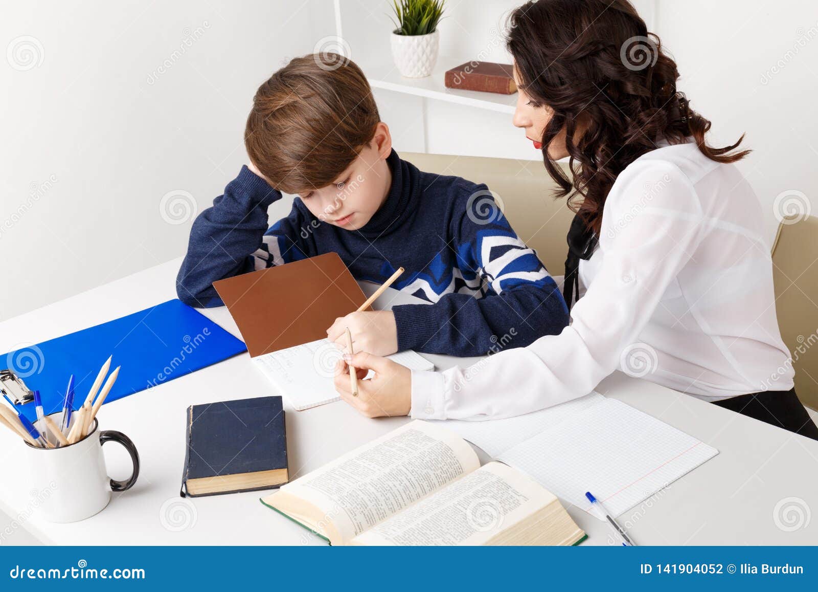 Young Teacher Trying To Explain Information To the Boy. Educating ...