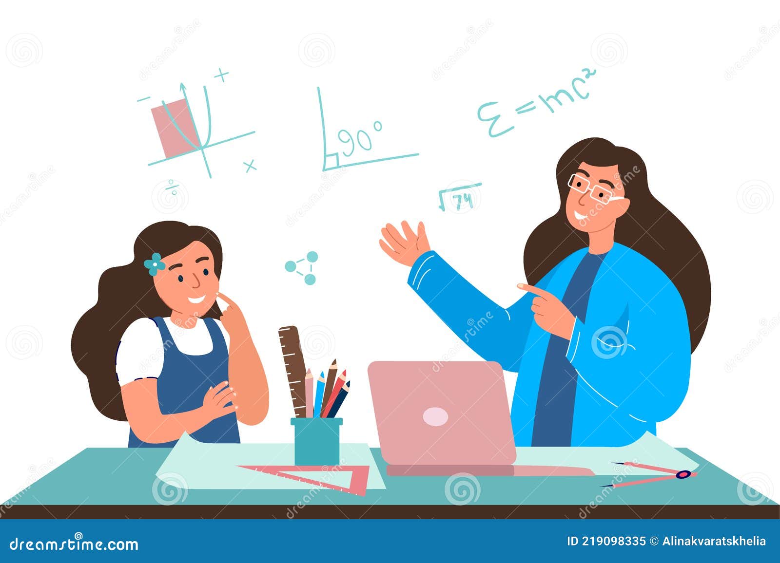 Young Teacher Tutor Explaining To Girl Kid New Math Formulas in School ...