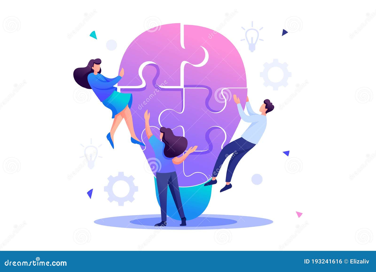 Young Team Creates an Idea, Teamwork, Brainstorm. Flat 2D Character ...