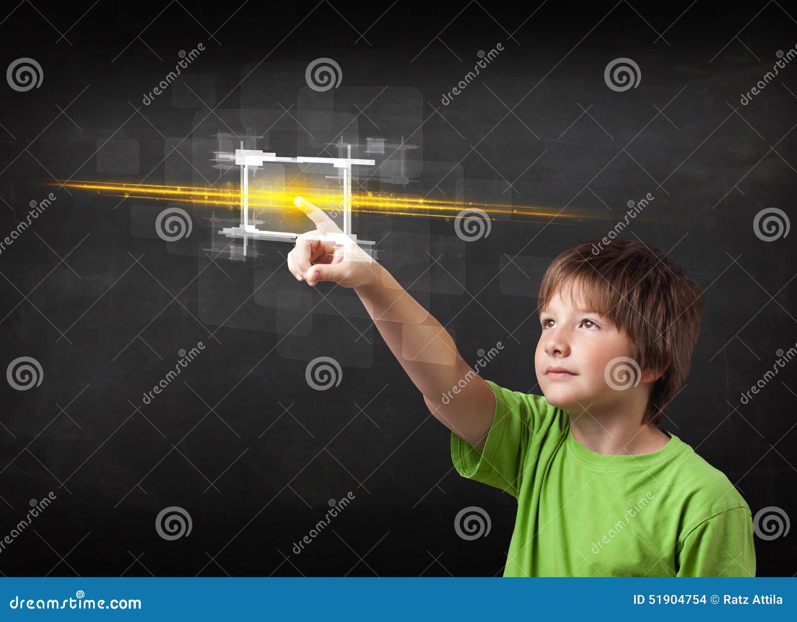 Young Tech Boy Touching Button with Orange Light Beams Concept Stock ...