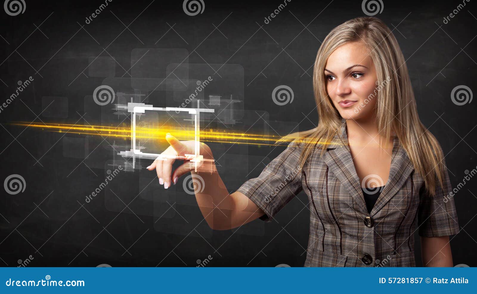 Young Tech Lady Touching Button with Orange Light Beams Concept Stock ...