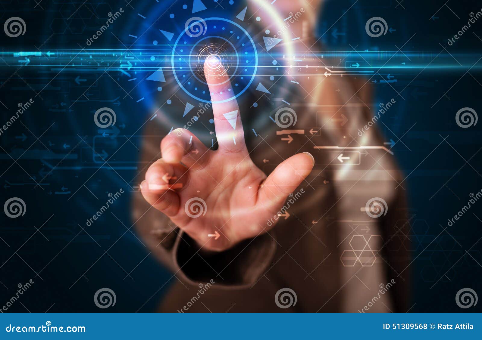 Young Tech Woman Pressing High Technology Control Panel Screen C Stock ...