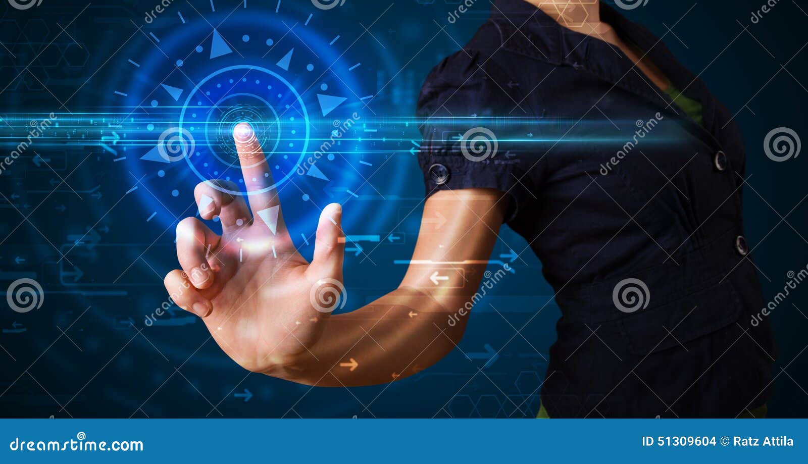 Young Tech Woman Pressing High Technology Control Panel Screen C Stock ...