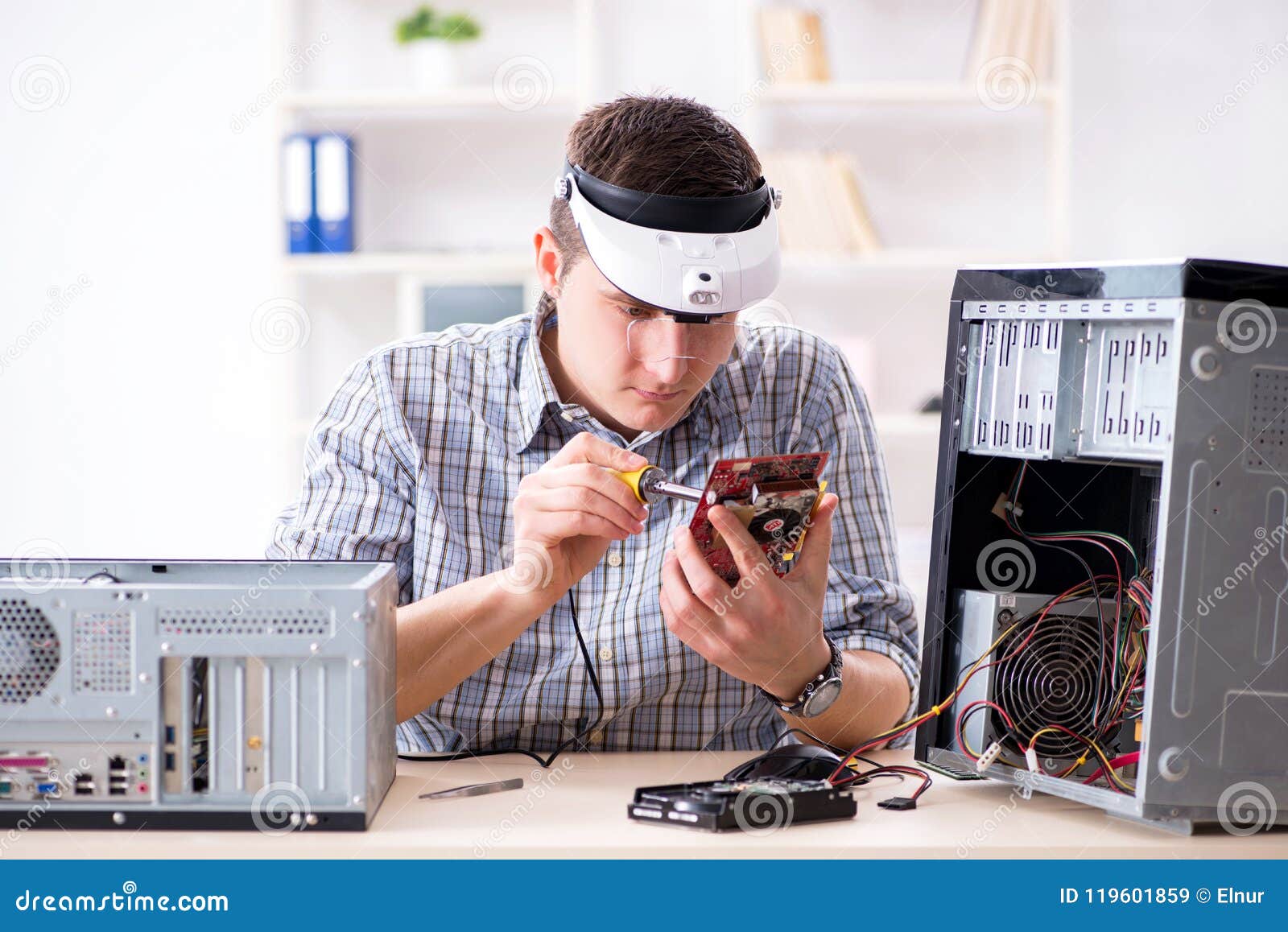 The Young Technician Repairing Computer in Workshop Stock Image - Image ...