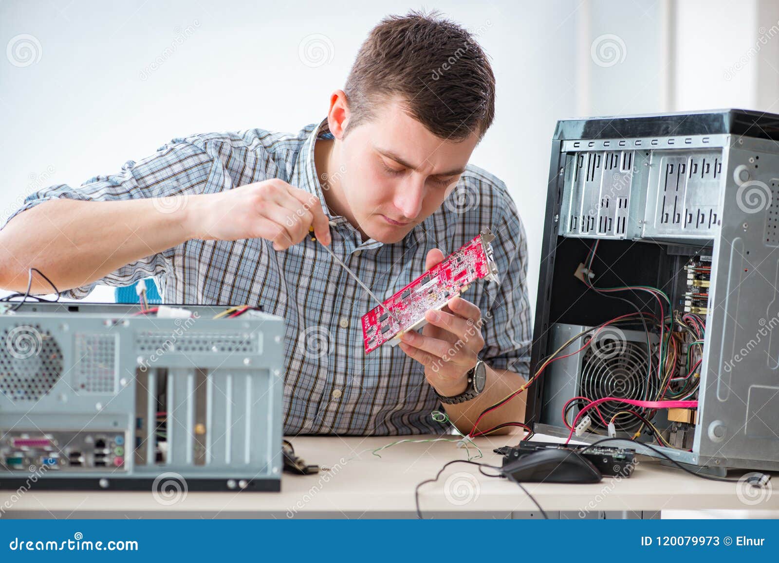 The Young Technician Repairing Computer in Workshop Stock Image - Image ...