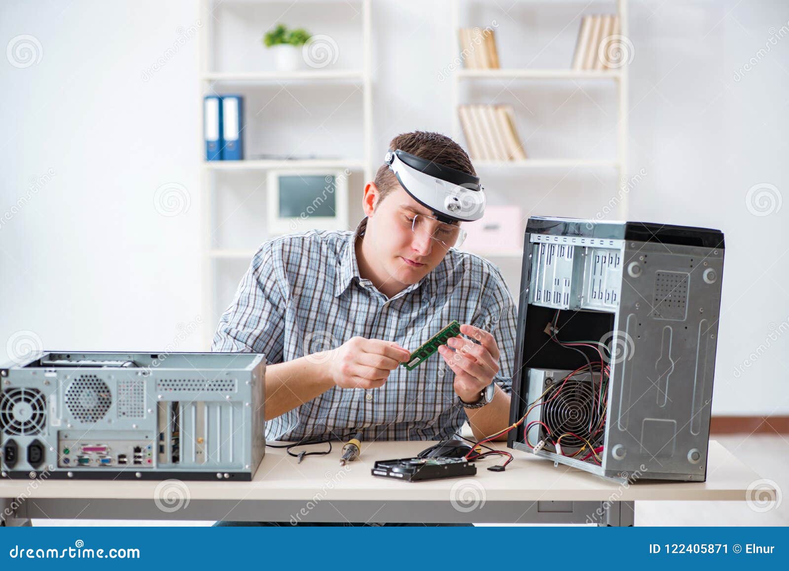 The Young Technician Repairing Computer in Workshop Stock Image - Image ...