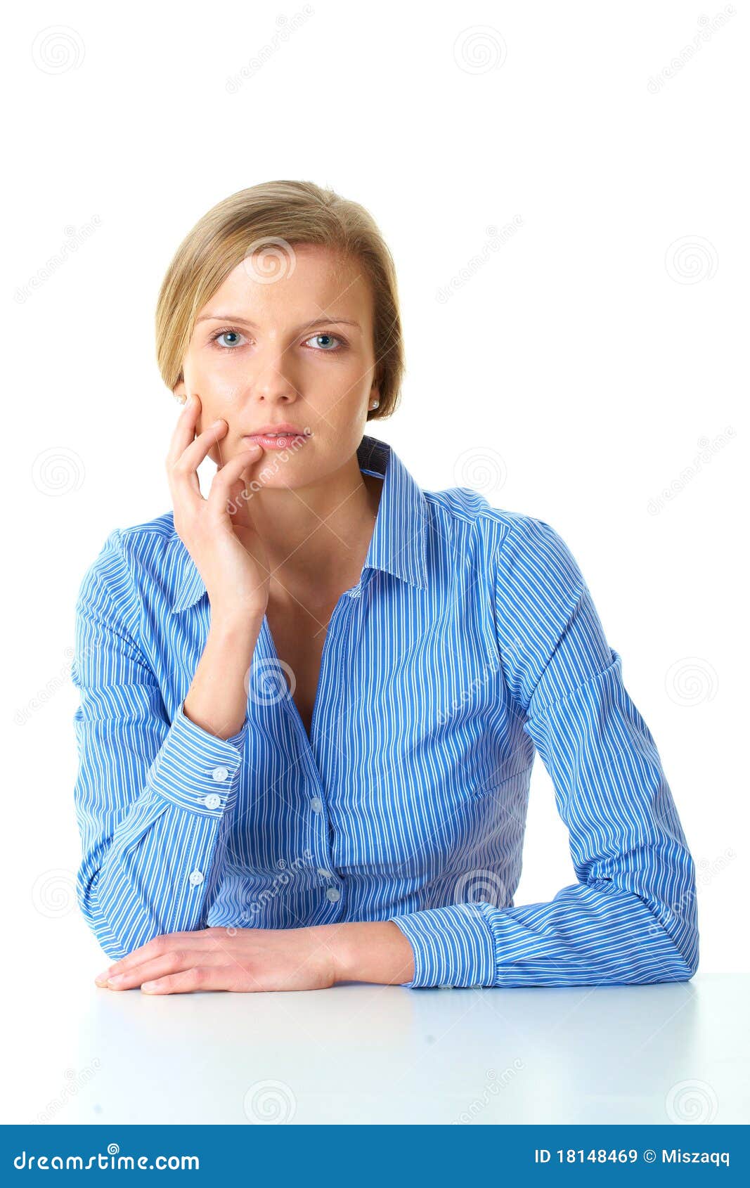 Young Thoughtful Female in Blue Shirt Isolated Stock Image - Image of ...