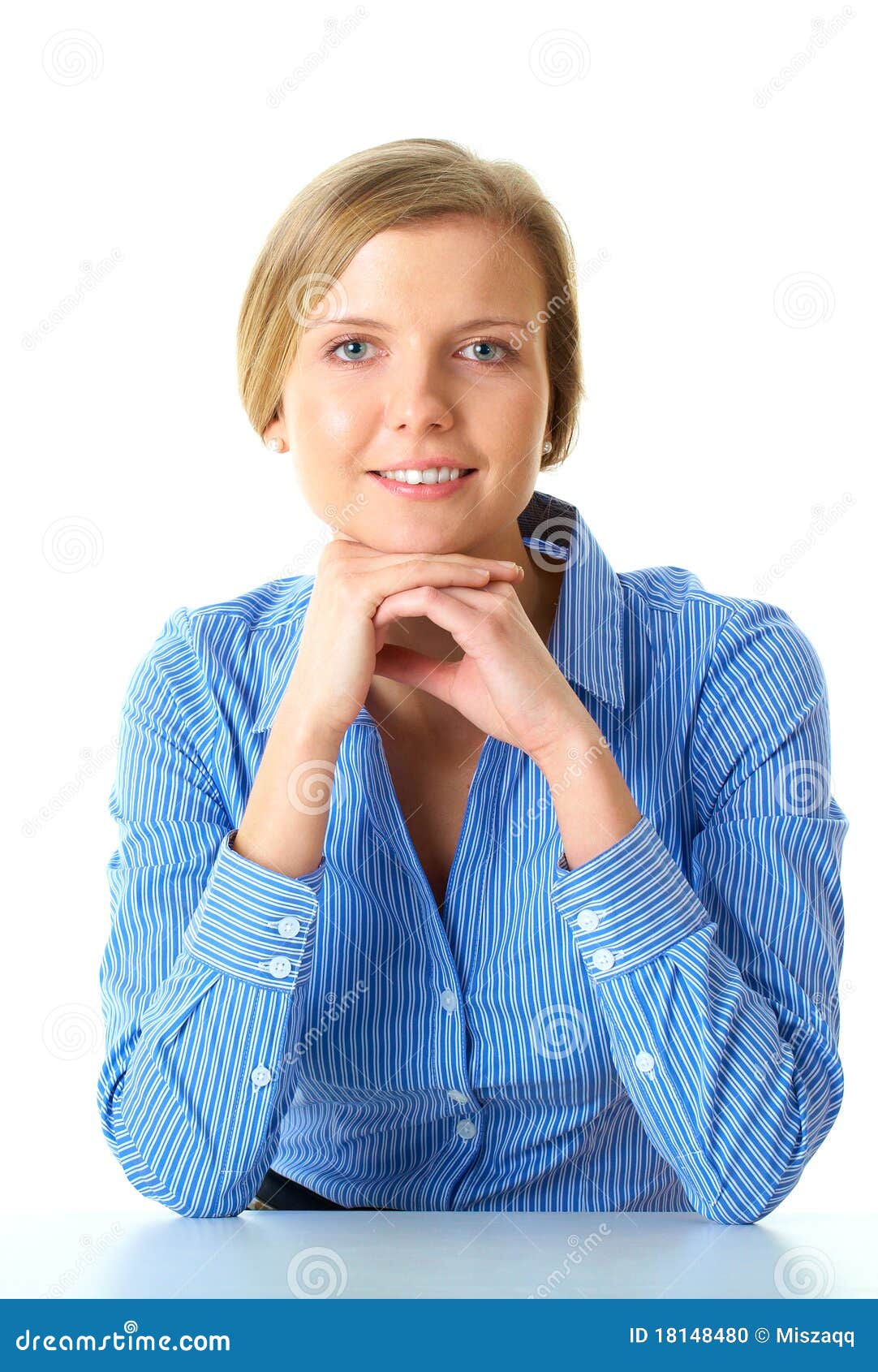 Young Thoughtful Female in Blue Shirt Isolated Stock Photo - Image of ...