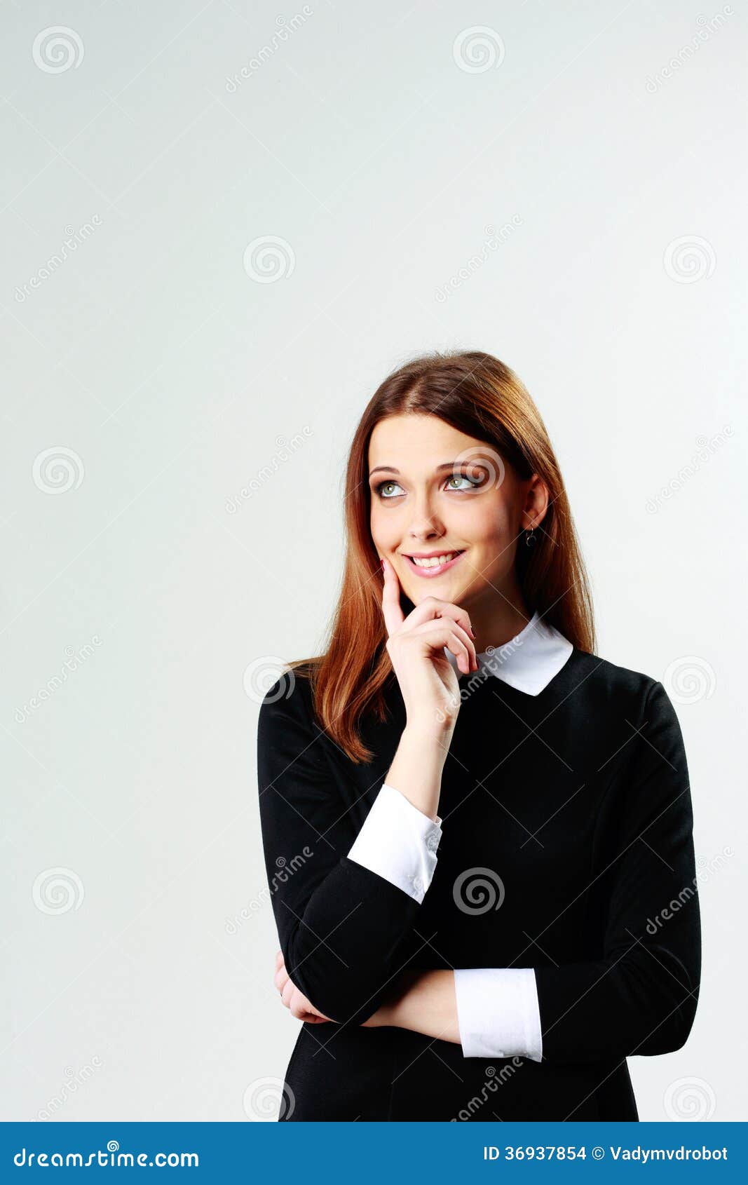 Young Thoughtful Happy Woman Looking Up Stock Photo - Image of idea ...