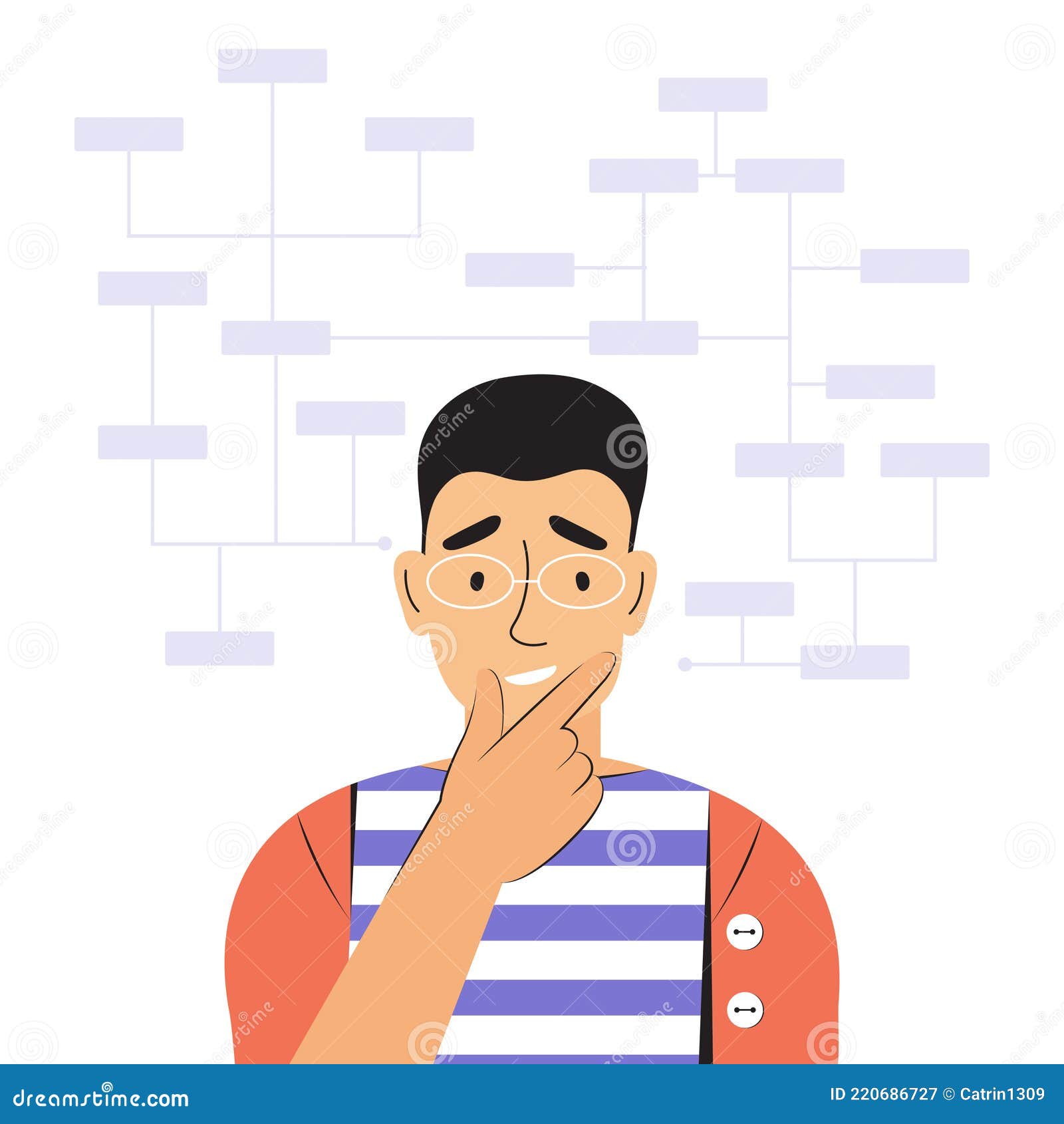 Young Thoughtful Man Solves Complex Work Tasks. Puzzled Male Character ...