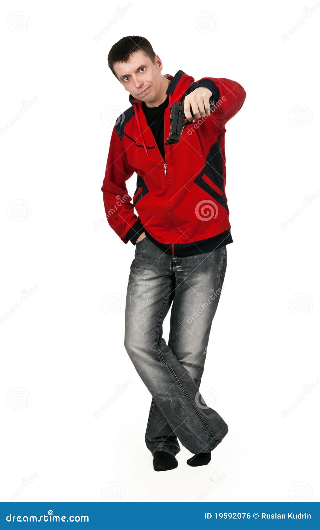 Young Thug In A Red Sweater With A Gun Stock Photo - Image of robber ...