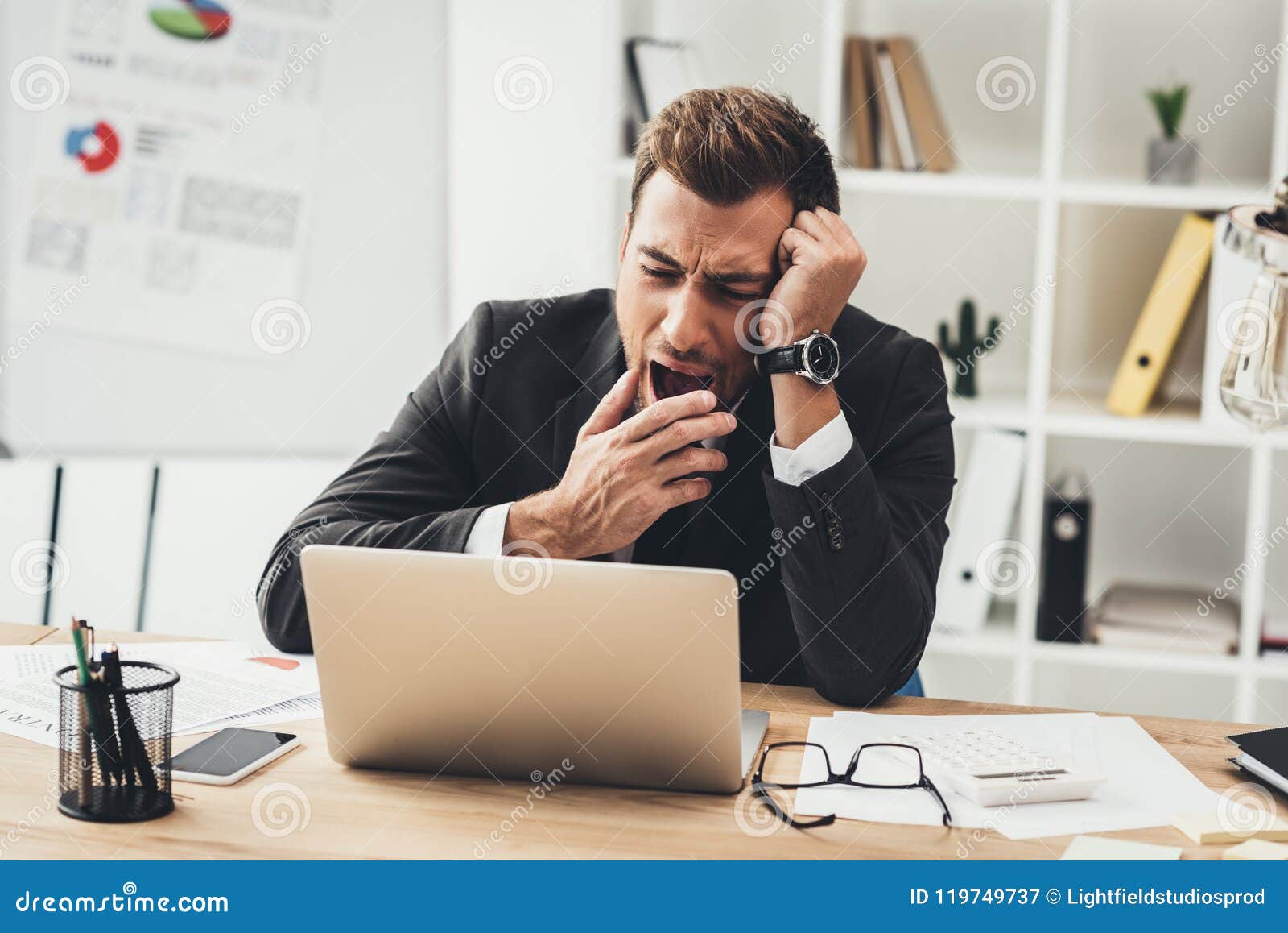 Young Tired Businessman Yawning Stock Image - Image of caucasian ...