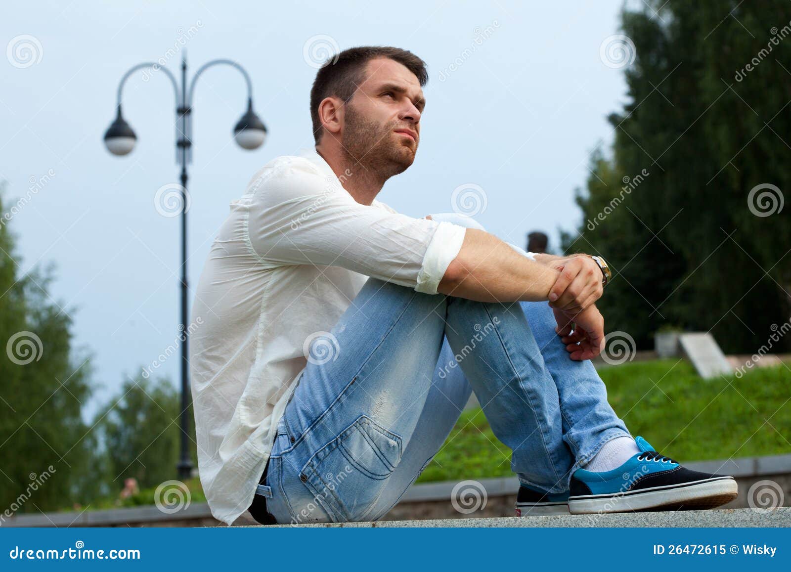 Young Tired Man Sit on Border in Summer Park Stock Image - Image of ...