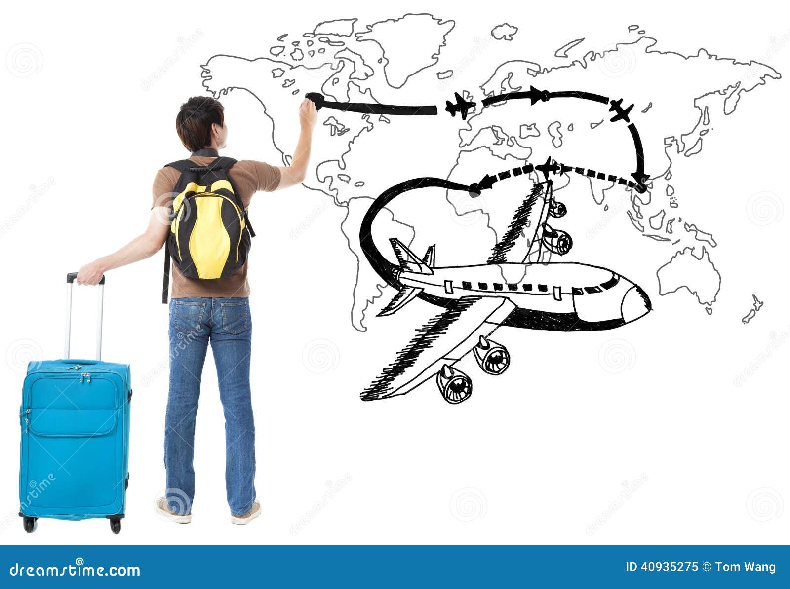 Young Traveler Drawing Airplane and Airline Path on the Map Stock Image ...