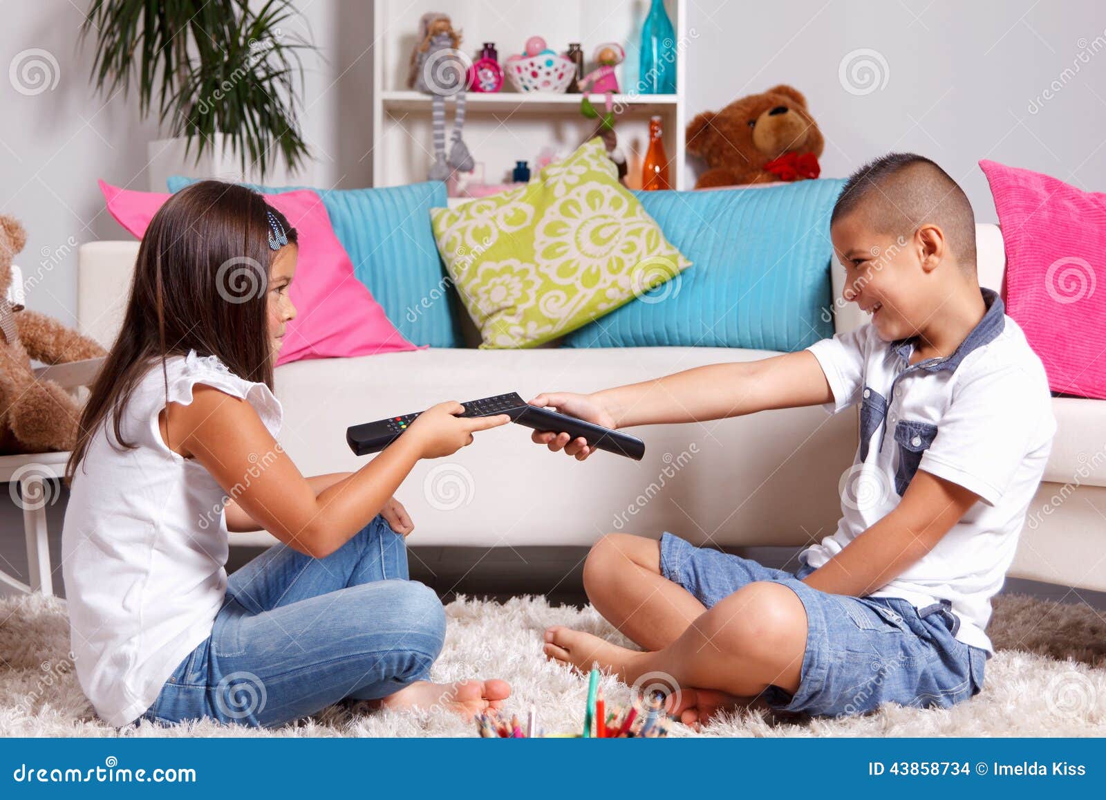Young Twins Arguing about Watching TV Stock Photo - Image of happy ...