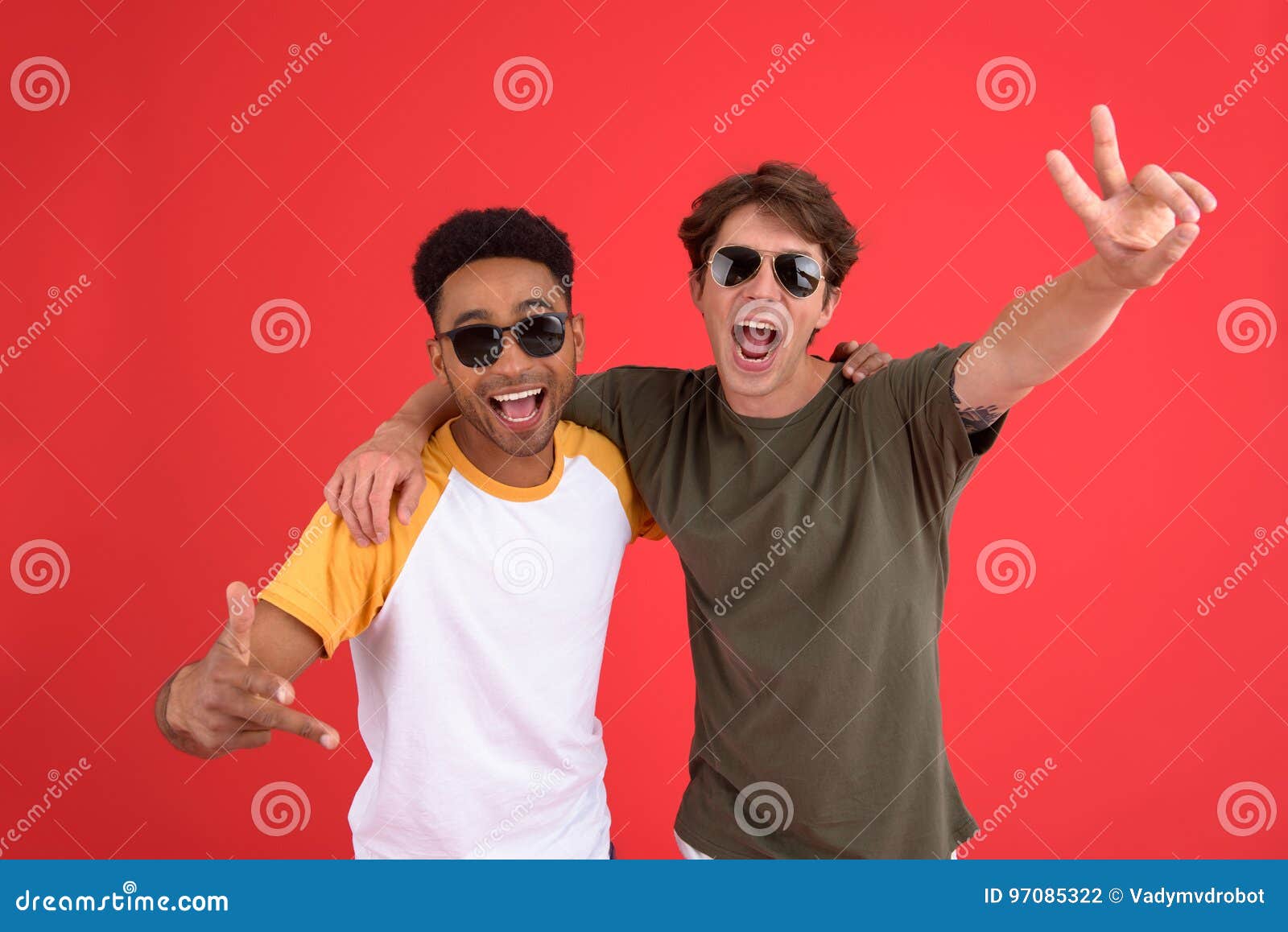 Young Two Men Friends Isolated Over Red Background Stock Photo - Image ...