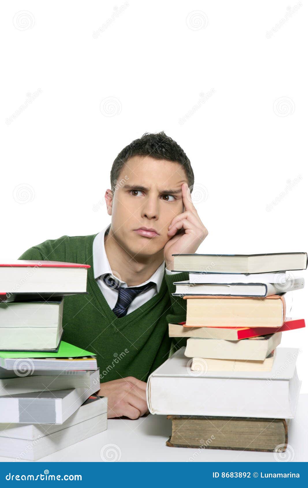 Young Unhappy Student with Stacked Books Stock Photo - Image of office ...