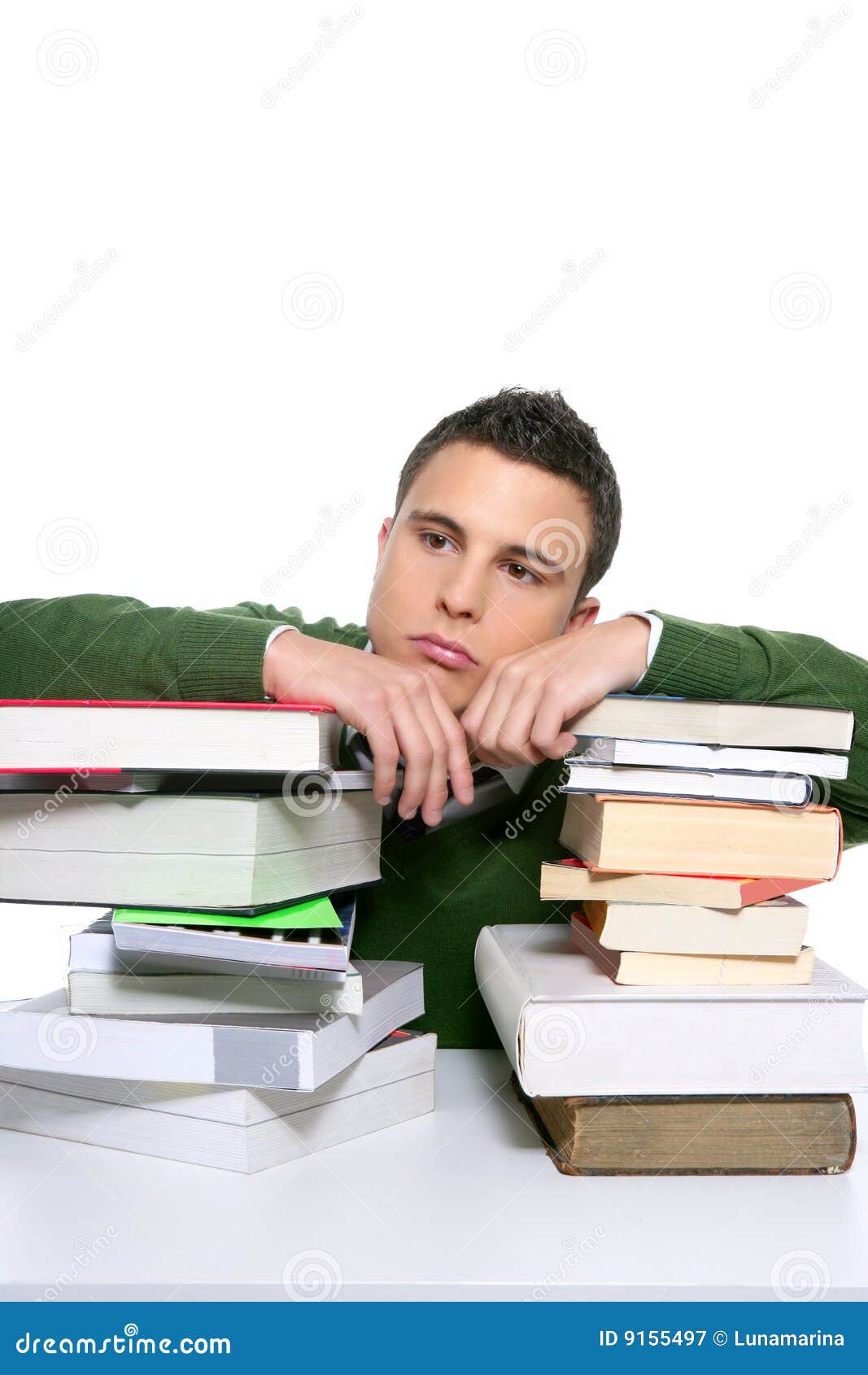 Young Unhappy Student with Stacked Books Stock Image - Image of person ...