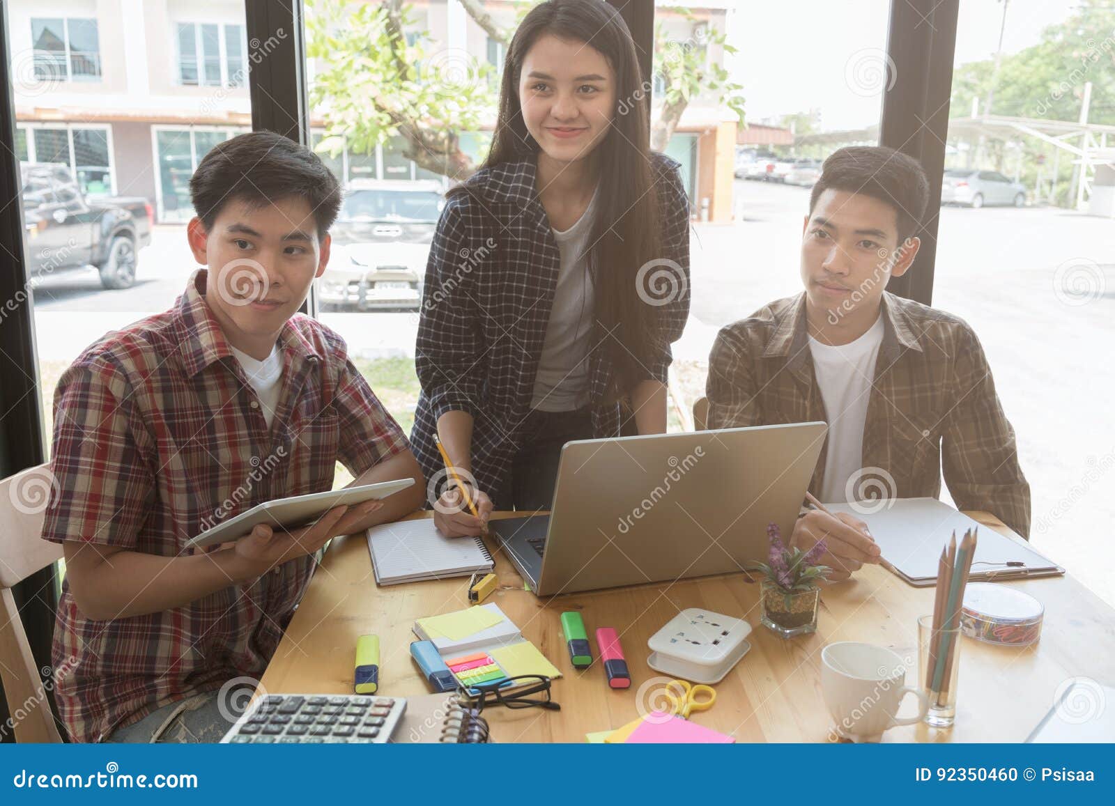 Young University Students Studying with Computer and Tablet in C Stock ...