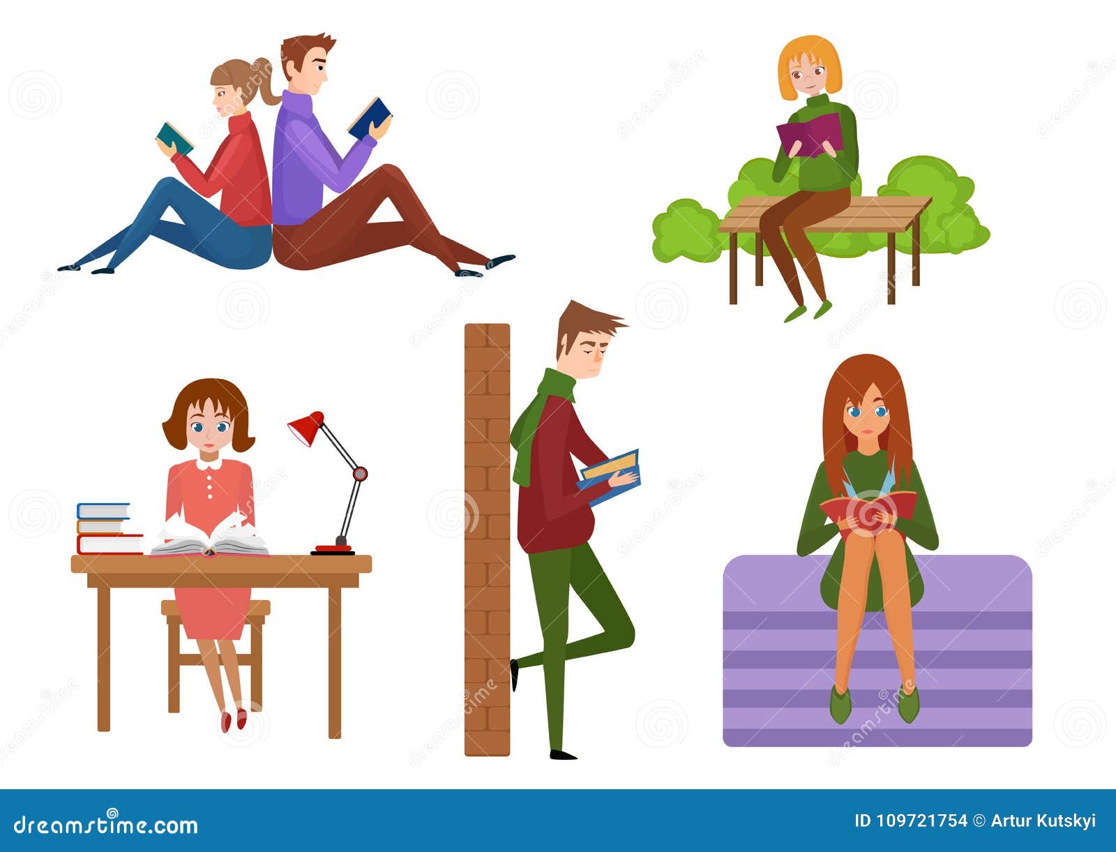 Young Vector People Reading Books in Different Locations. Students with ...