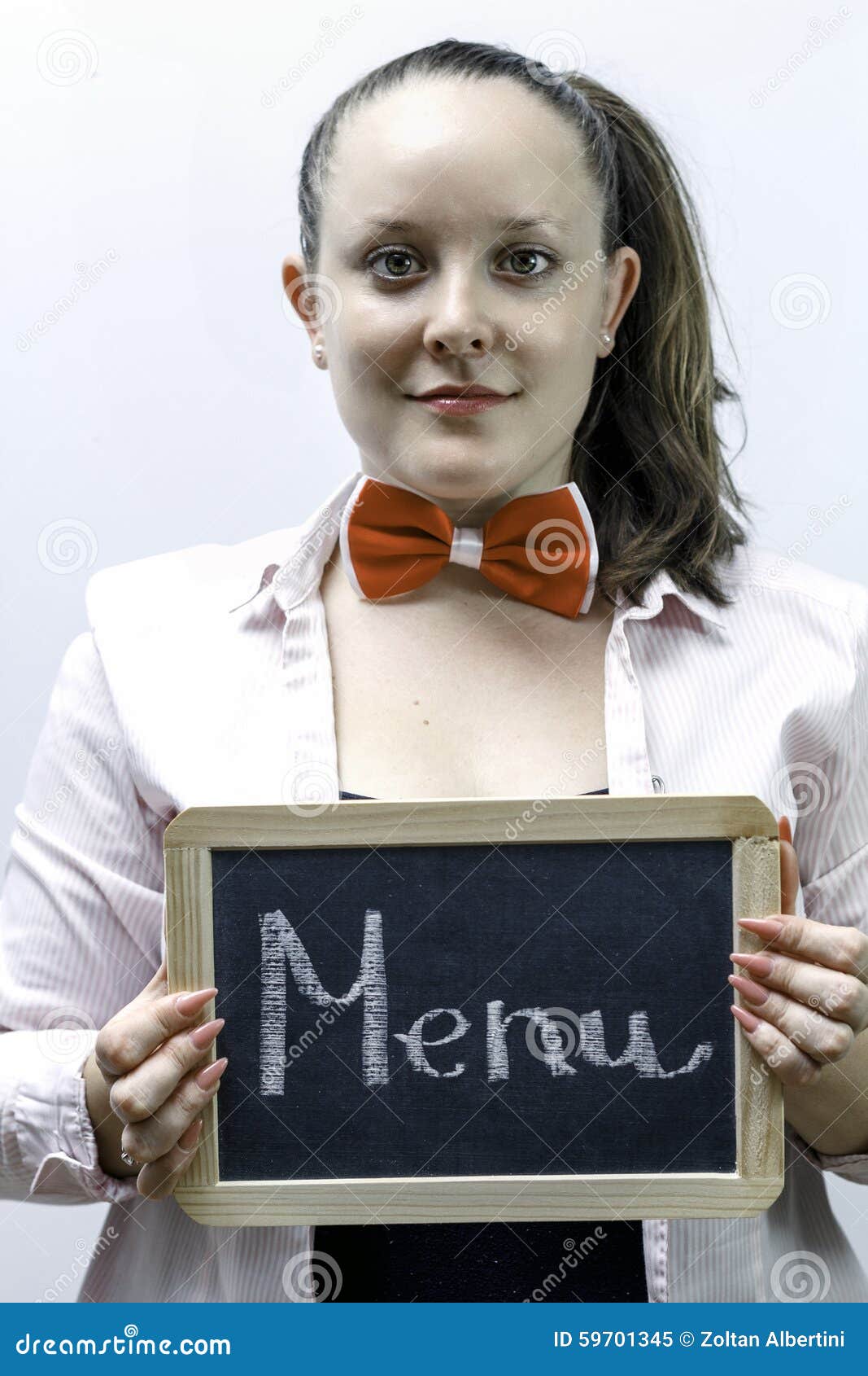 Young Waitress Holding Menu Board in Hands Stock Image - Image of ...