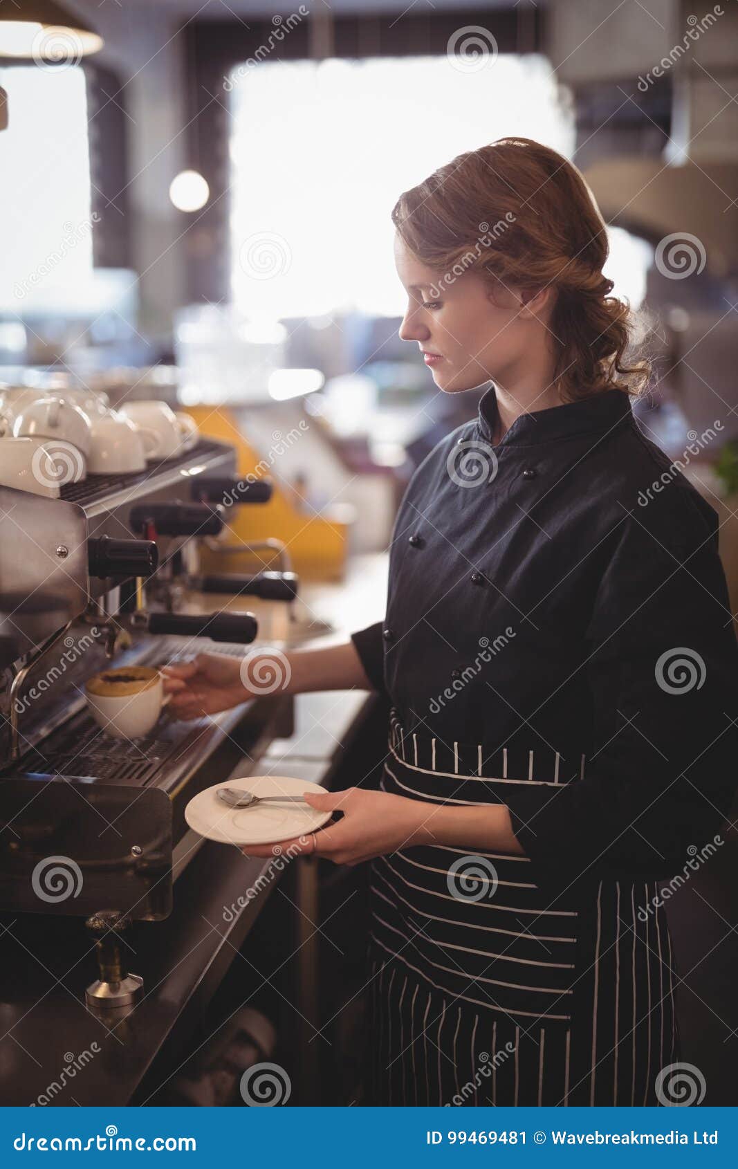 Young Waitress Making Coffee from Espresso Maker Stock Image - Image of ...