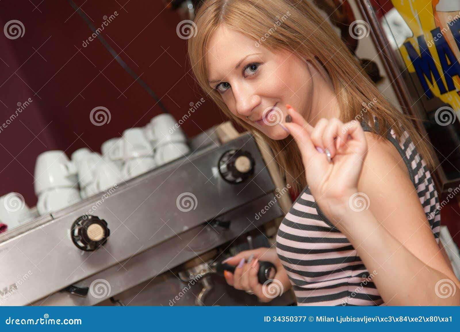 Young Waitress Making Coffee Stock Image - Image of blonde, shirt: 34350377