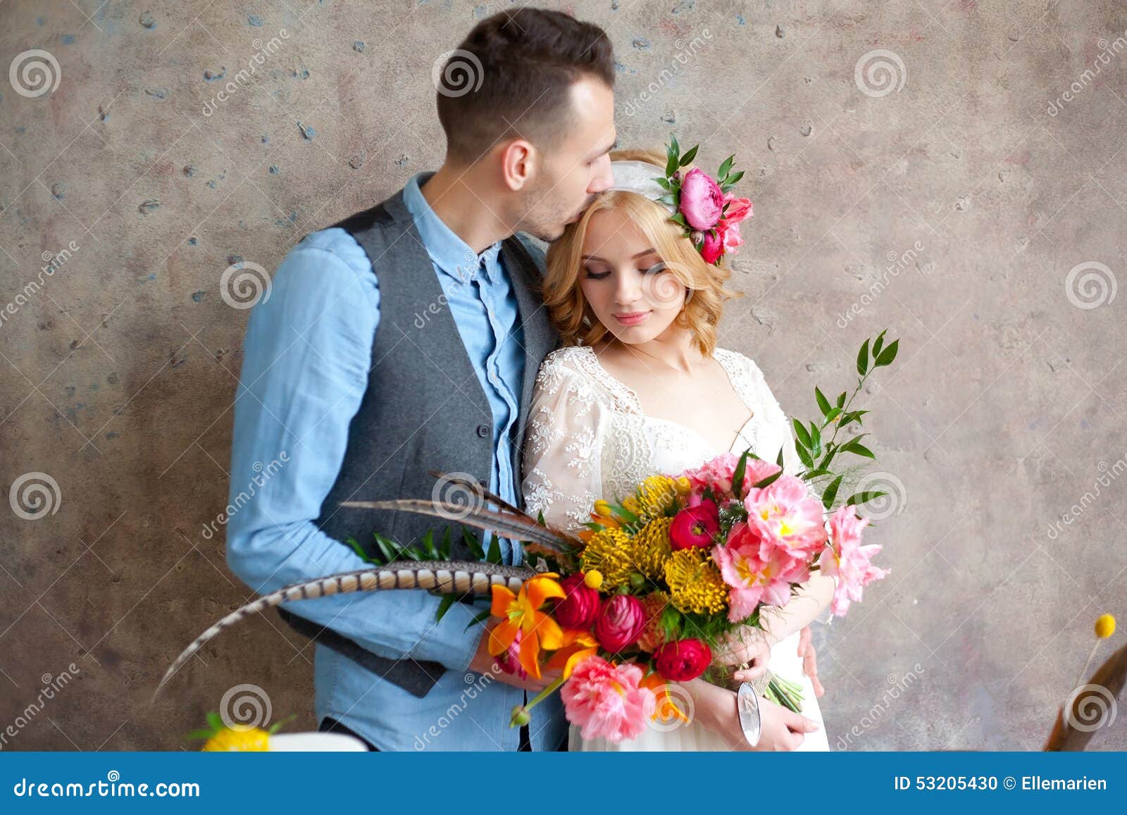 Young Wedding Couple Against Texture Wall Stock Photo - Image of boho ...